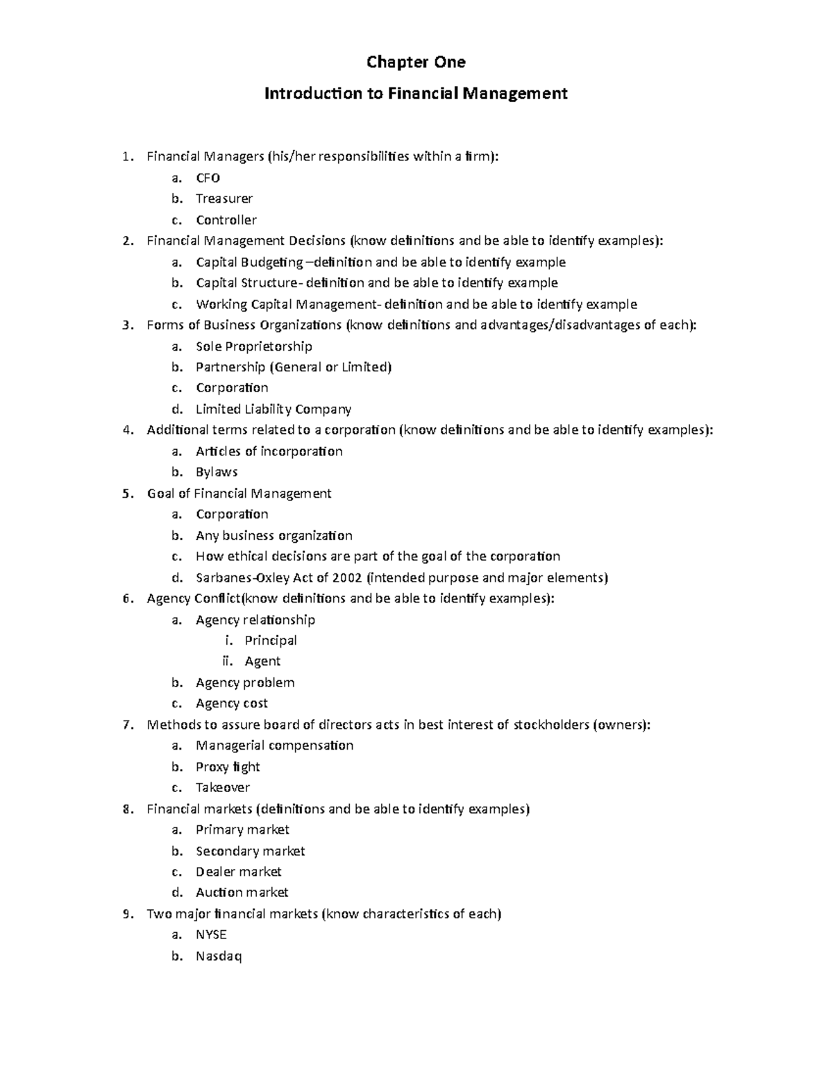 Chapter 1 sheet - Chapter One Introduction to Financial Management ...