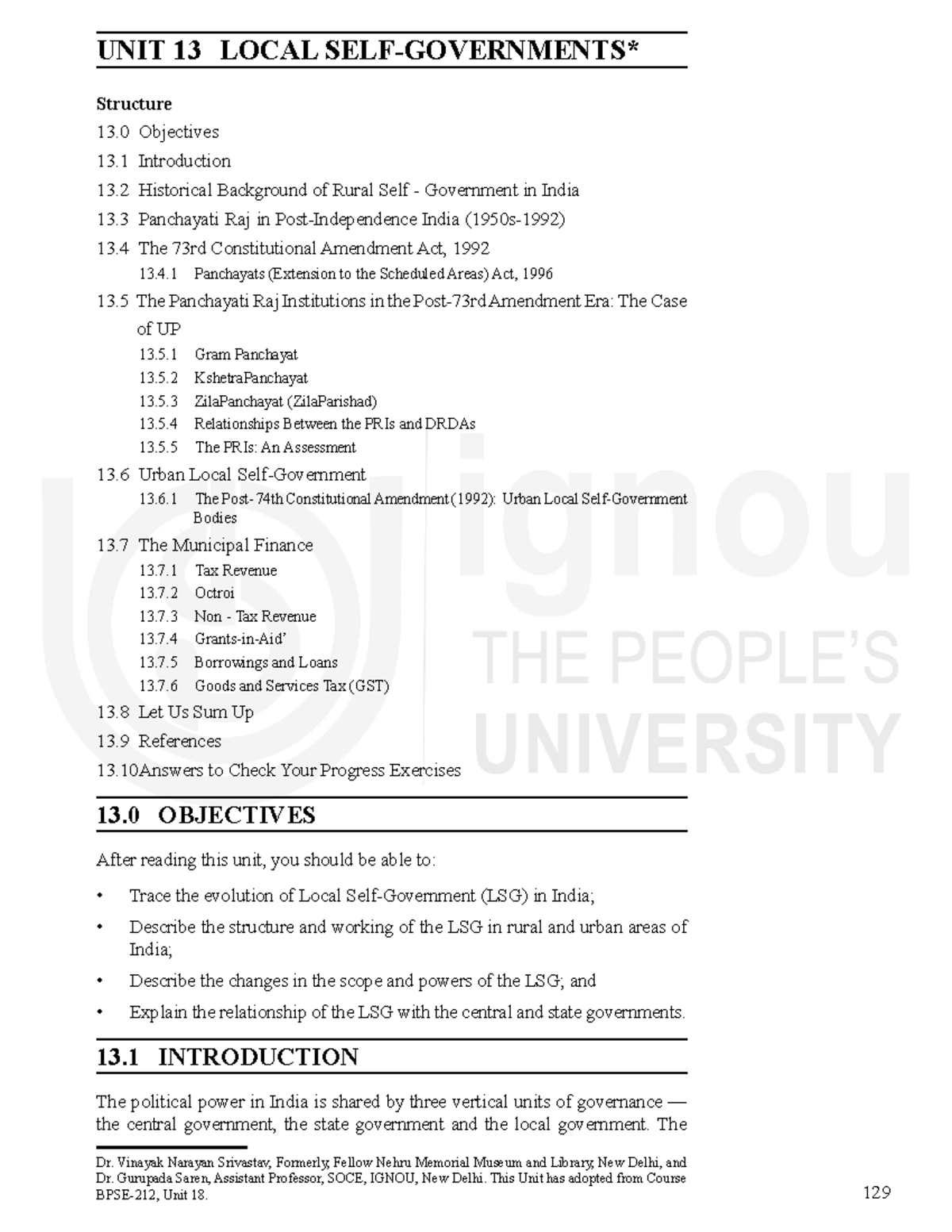 Unit13 - 129 Fifth and Sixth Schedules UNIT 13 LOCAL SELF-GOVERNMENTS* Structure 13 Objectives ...
