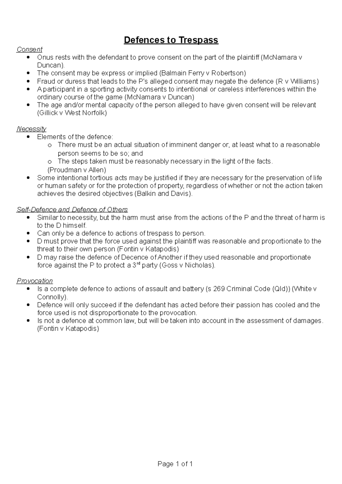 Defences to Trespass Notes - Defences to Trespass Consent Onus rests ...
