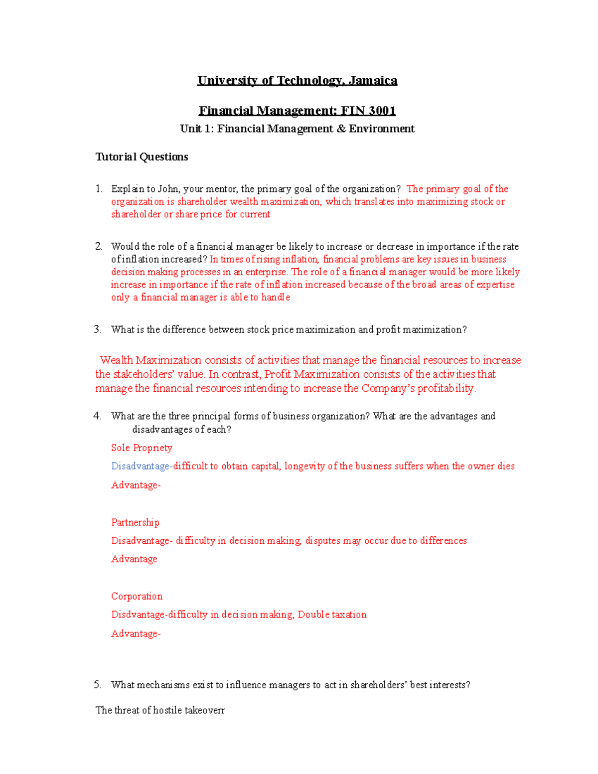 Fin Man Unit 1 Tutorial revised Aug2021 - University of Technology, Jamaica Financial Management ...