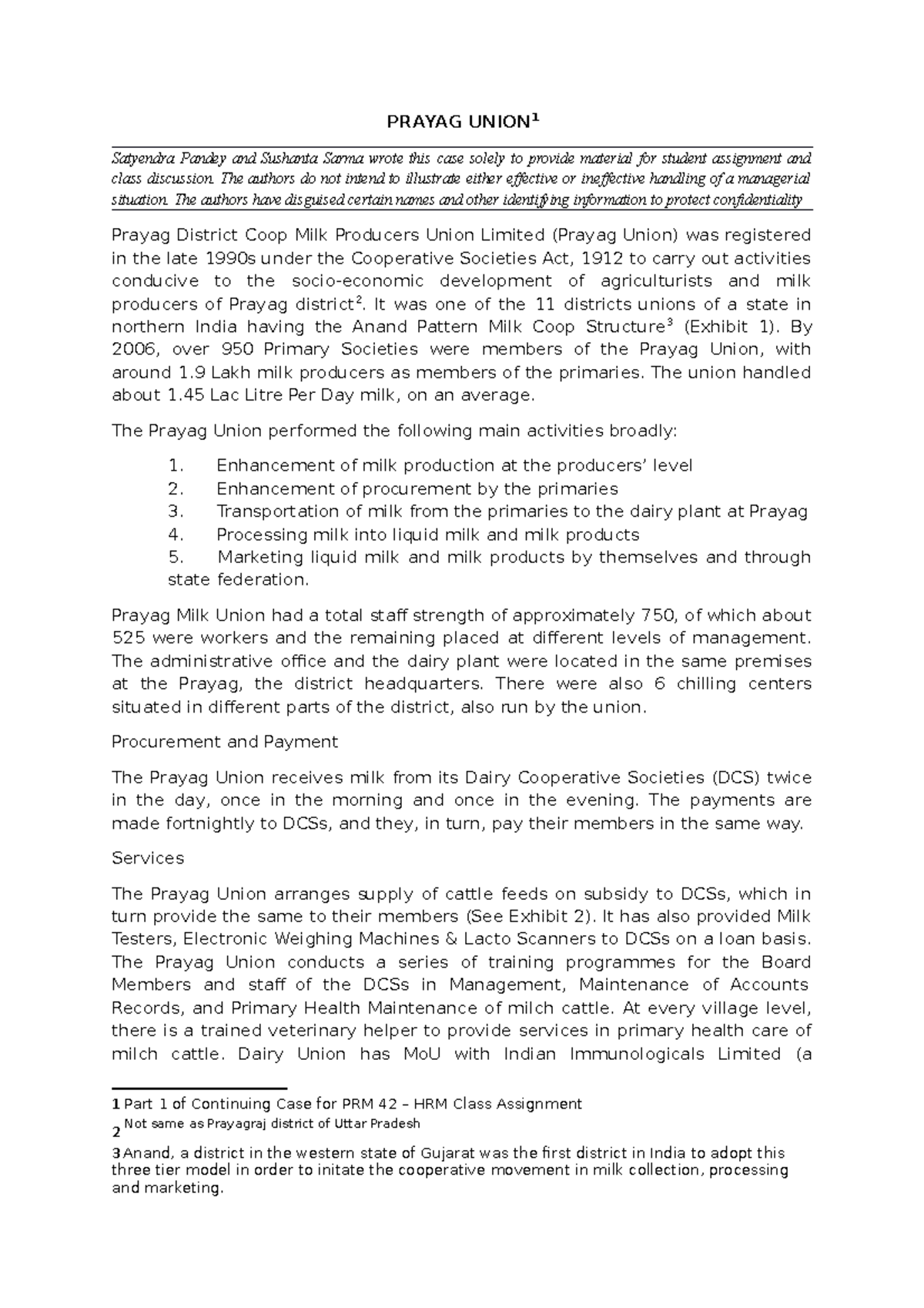 HRM Assignment CC Part 1 PRM 42-1 - PRAYAG UNION 1 Satyendra Pandey and Sushanta Sarma wrote ...