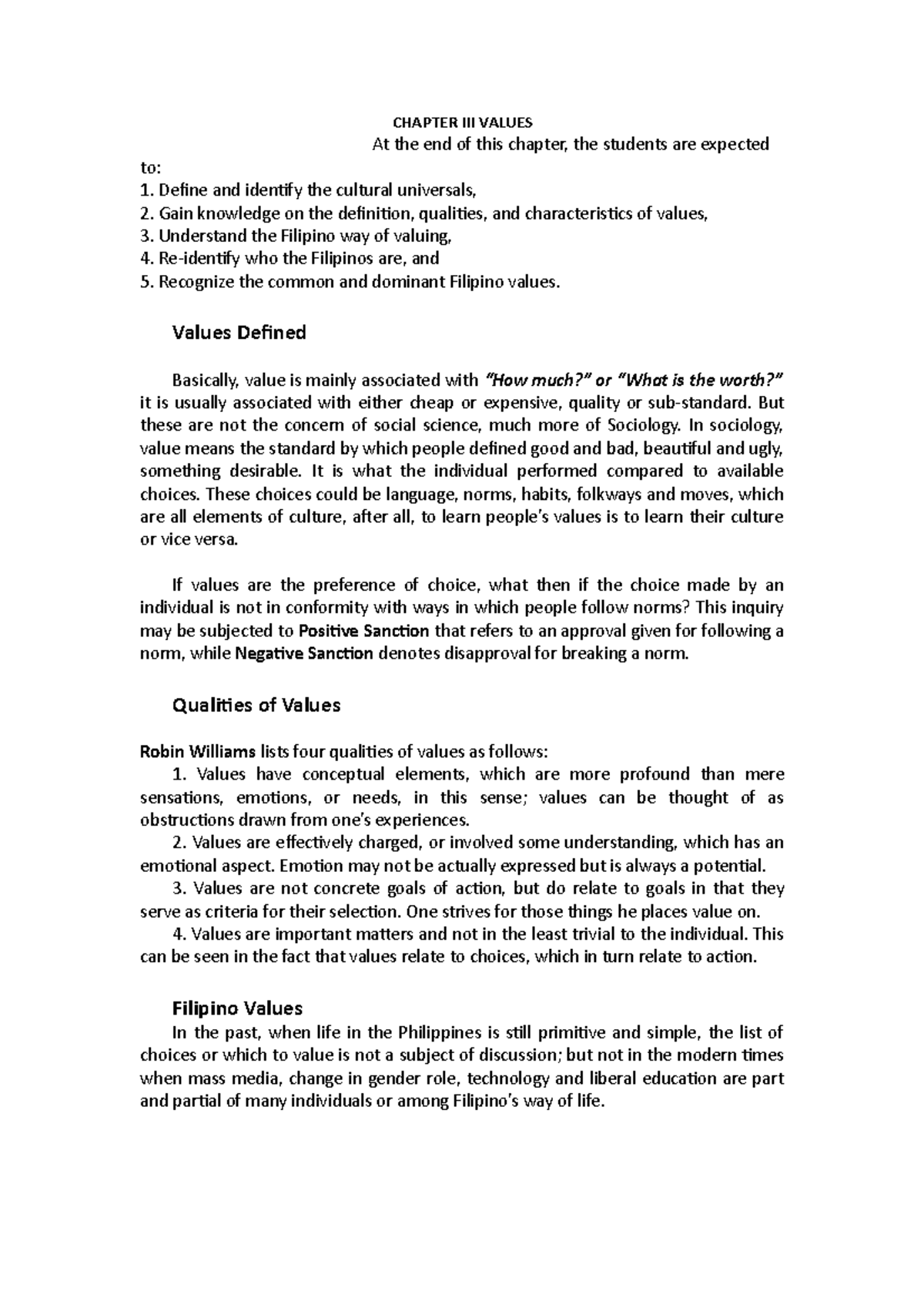 Chapter III Values - CHAPTER III VALUES Intended Learning Outcomes: At ...