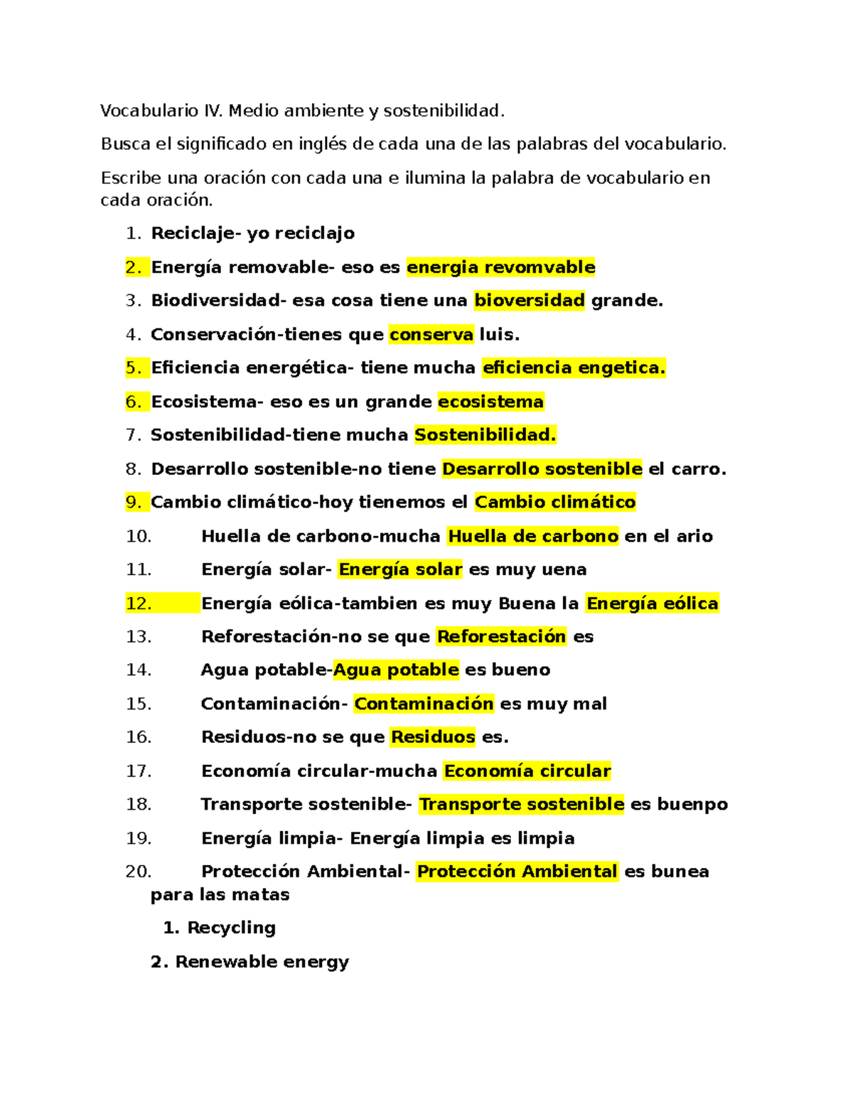 PR.II Vocabulario 4 Medio ambiente y sostenibilidad. - Vocabulario IV ...