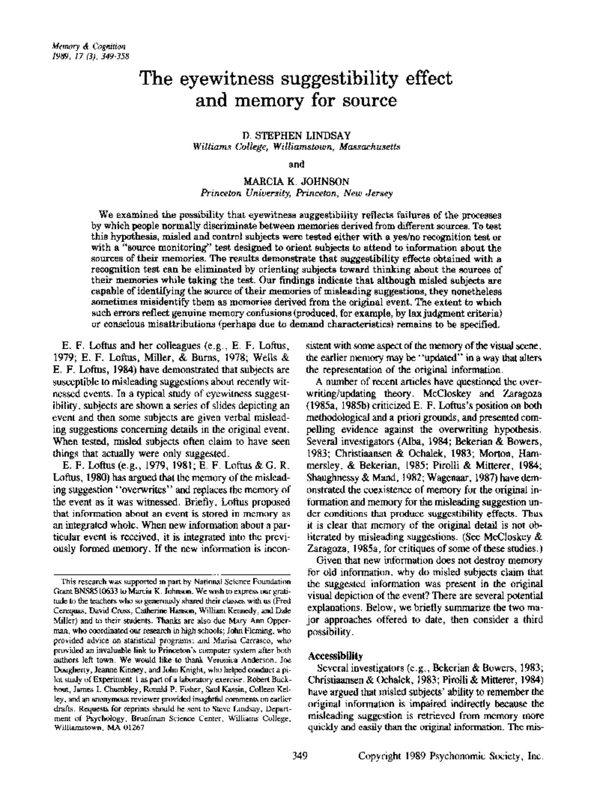 Lindsay, Johnson. The eyewitness suggestibility effect and memory for ...