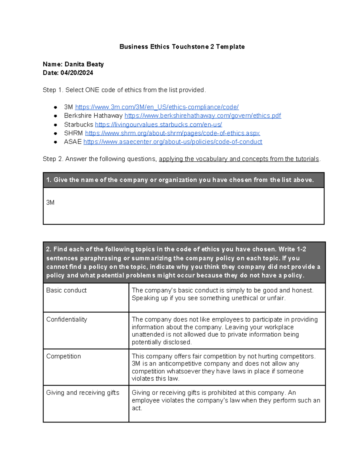 Business Ethics 309 - assignment - Business Ethics Touchstone 2 ...