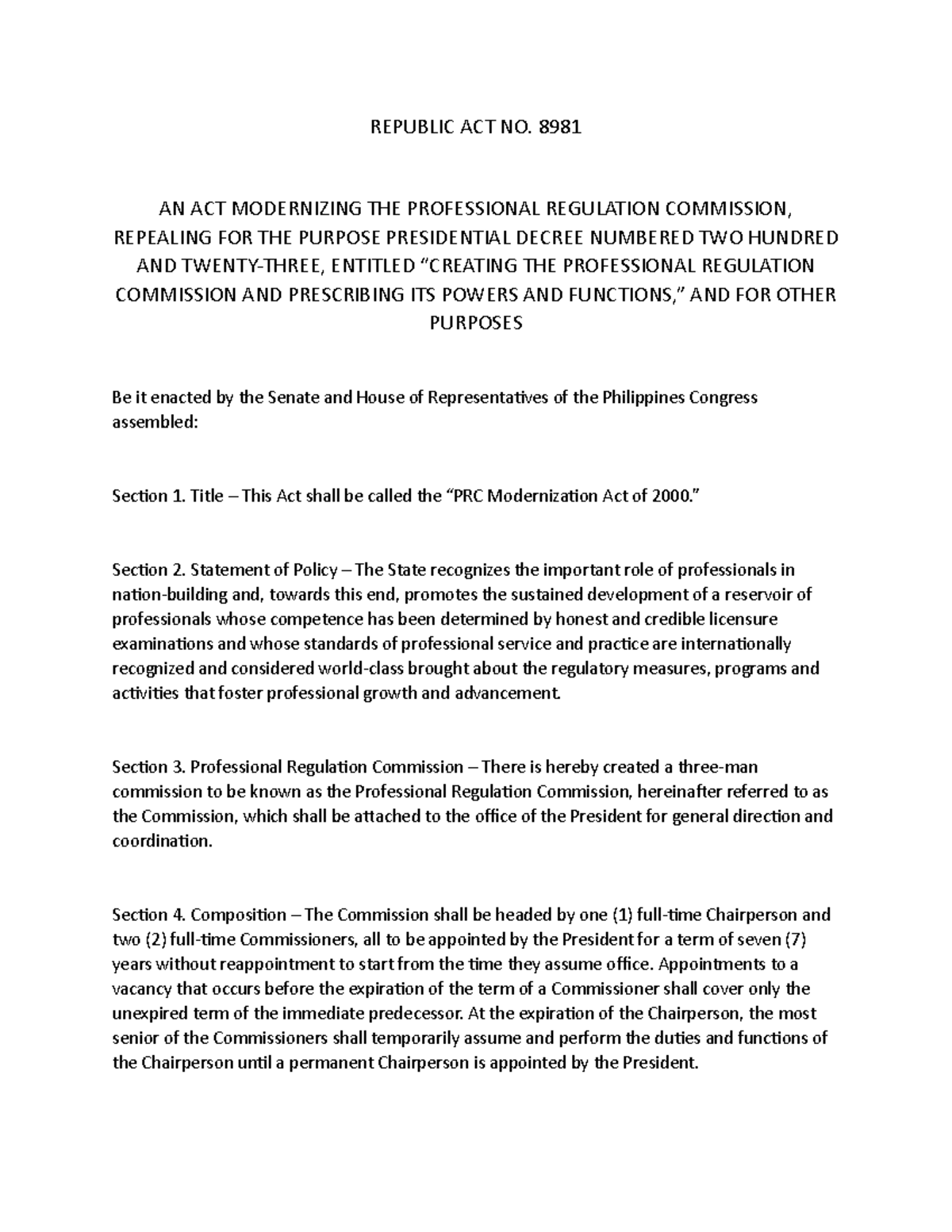 PRC RA8981 - Proprac - REPUBLIC ACT NO. 8981 AN ACT MODERNIZING THE ...
