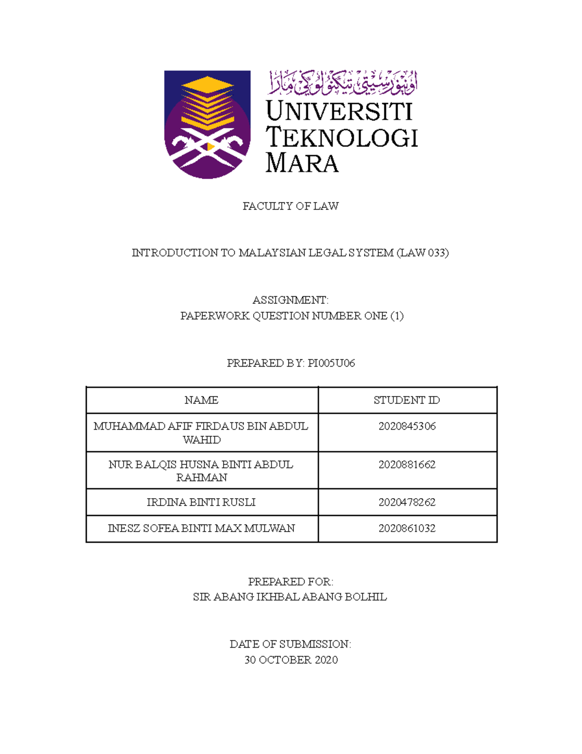 U06 Group 6 LAW033 - Introduction To Malaysian Legal System - FACULTY ...