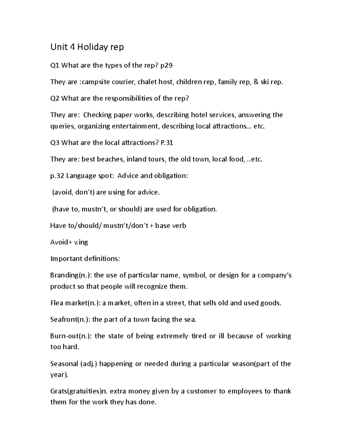 Holiday Rep - Unit 4 Holiday rep Q1 What are the types of the rep? p ...