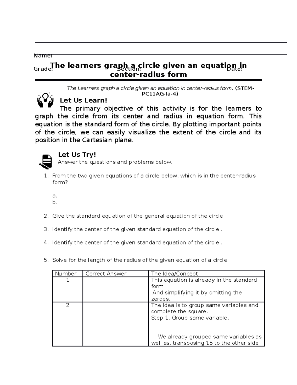 3Graph a circle given an equation in center-radius form - (STEM- PC11AG ...