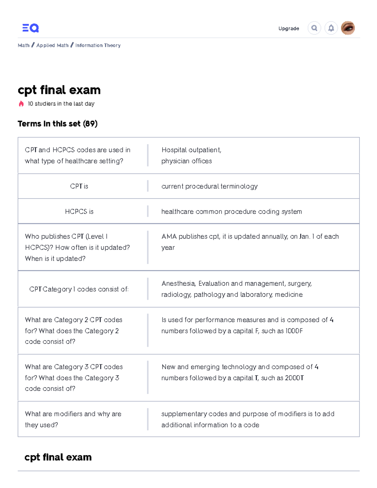 CPT Final Exam Study Guide #1 - Upgrade cpt final exam 10 studiers in the last day Math Applied ...