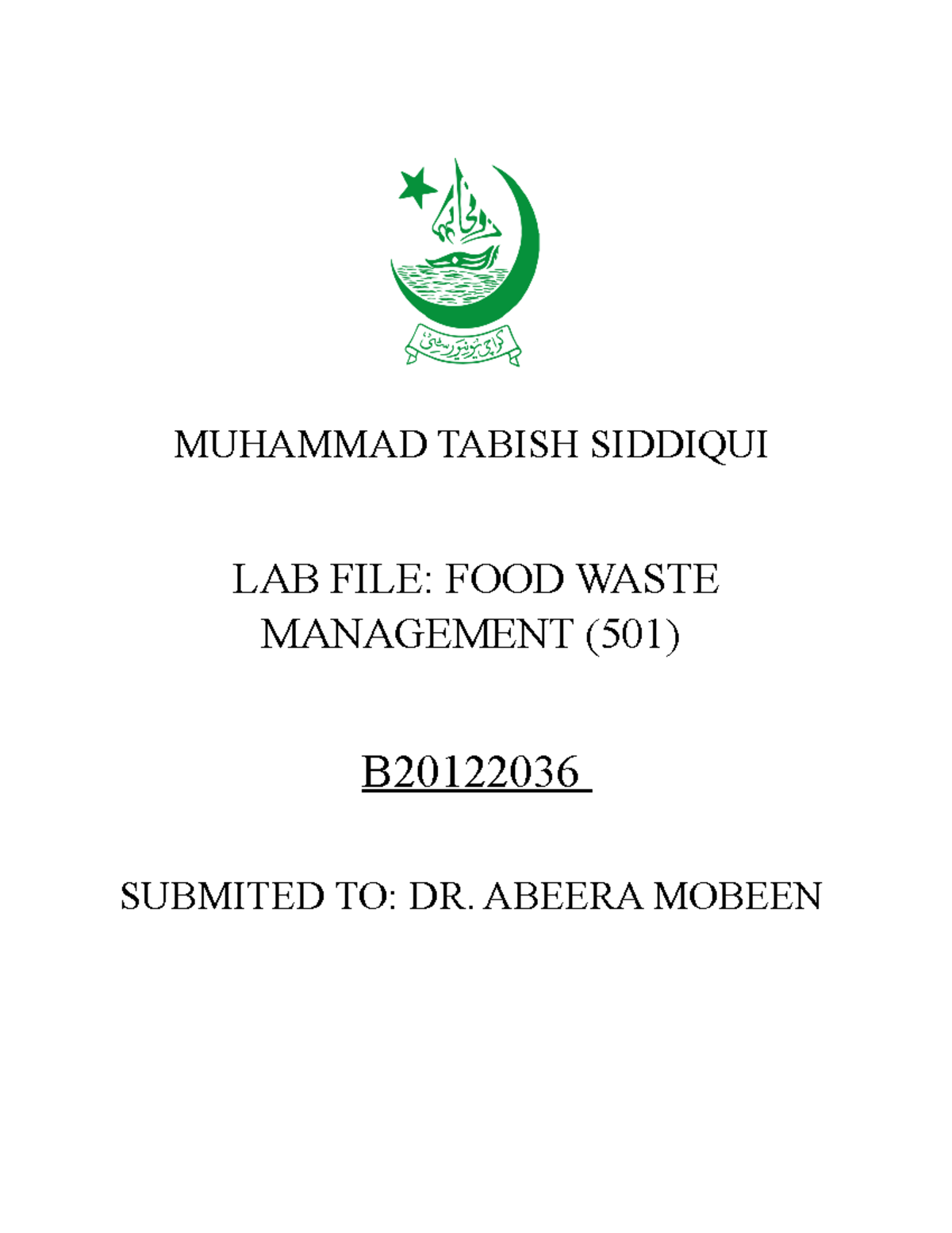 Lab file Waste Management Tabish - Food Biotechnology - Karachi ...