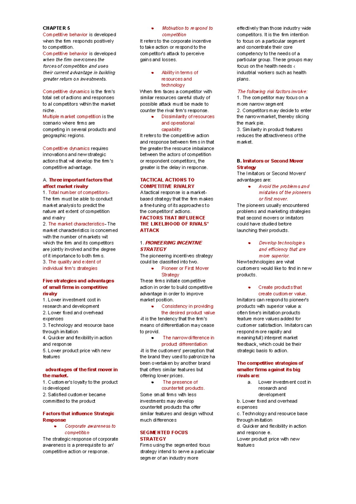 5&6 - notes - CHAPTER 5 Competitive behavior is developed when the firm ...
