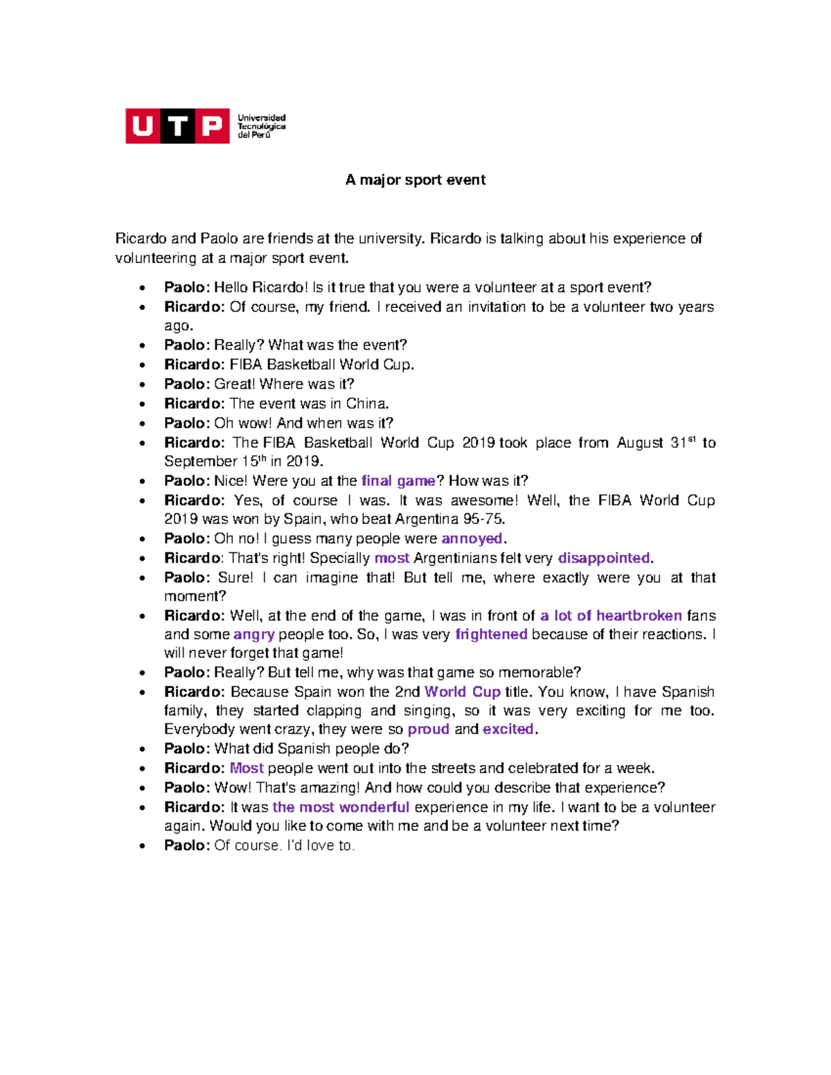 Week 16 - Script - A major sport event - A major sport event Ricardo ...