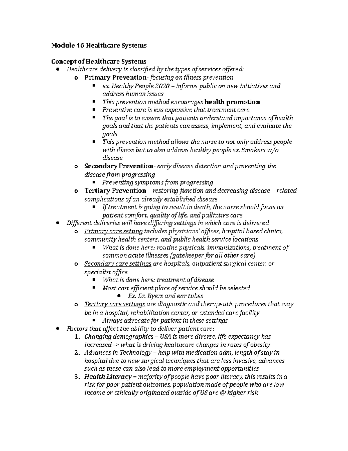 Module 46 Healthcare Systems Reading Notes - NUR 111 - Guilford Tech ...
