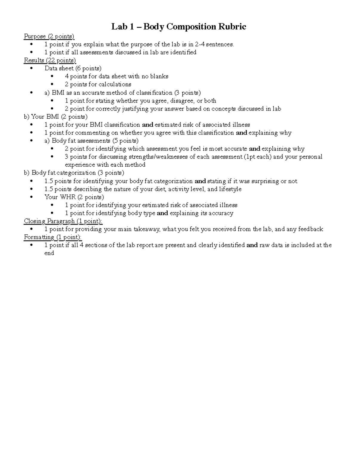 HBIO 202 Lab 1 - Body Composition Report Rubric - Lab 1 – Body ...