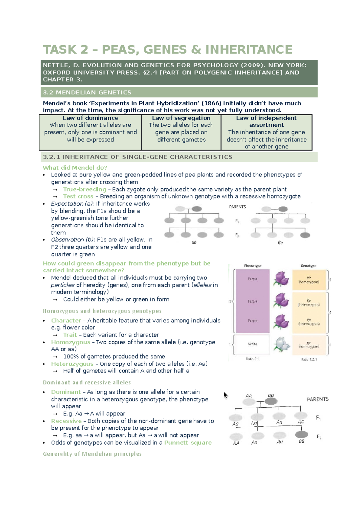 Task 2 - Peas, genes and inheritance - TASK 2 – PEAS, GENES & INHERITANCE NETTLE, D. EVOLUTION ...