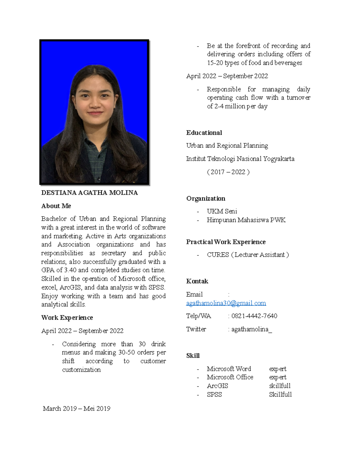 Cv agatha (english) - belajar menulis Cv sendirir - DESTIANA AGATHA ...