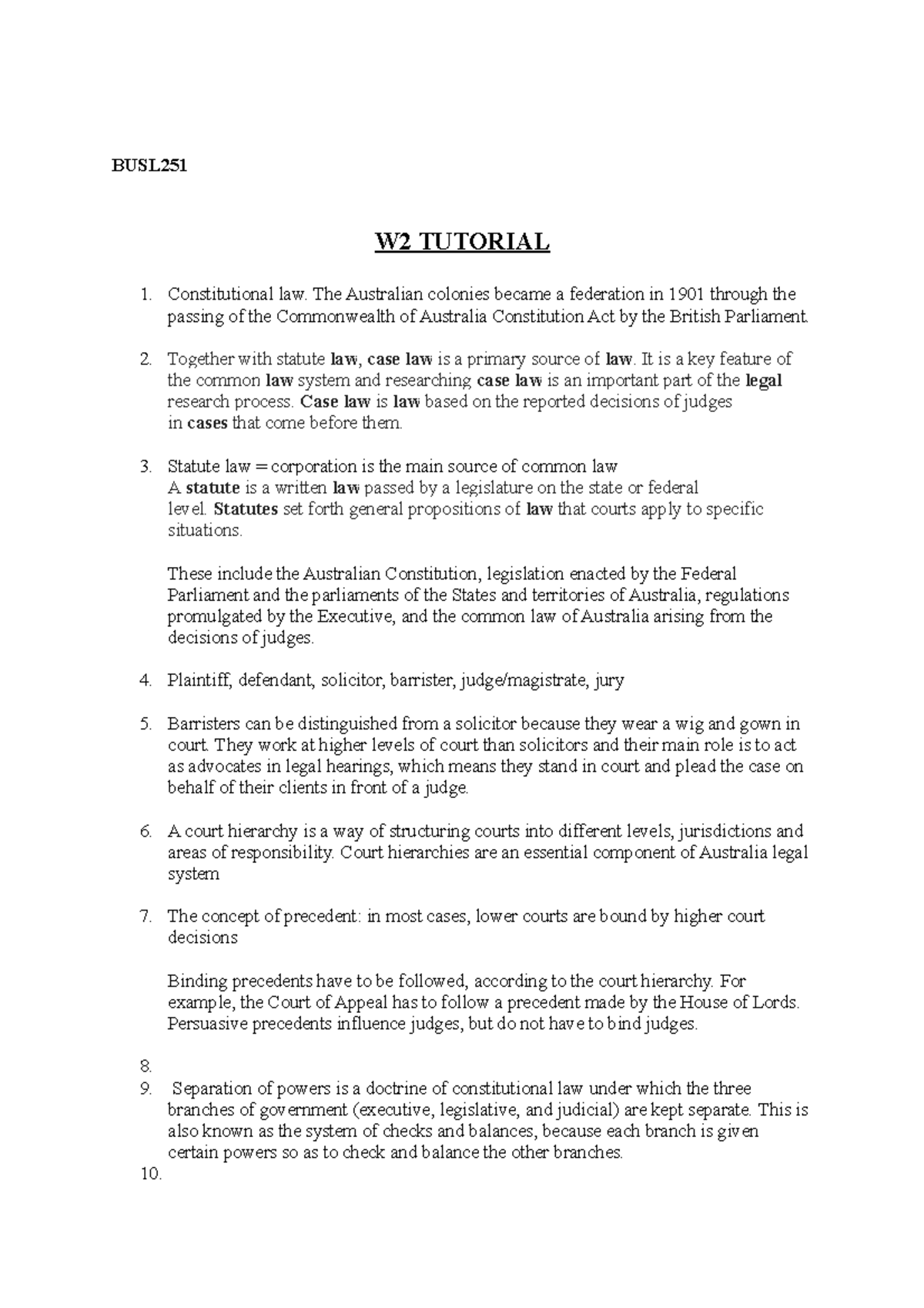BUSL251 tutorial answers - BUSL251 W2 TUTORIAL 1. Constitutional law ...