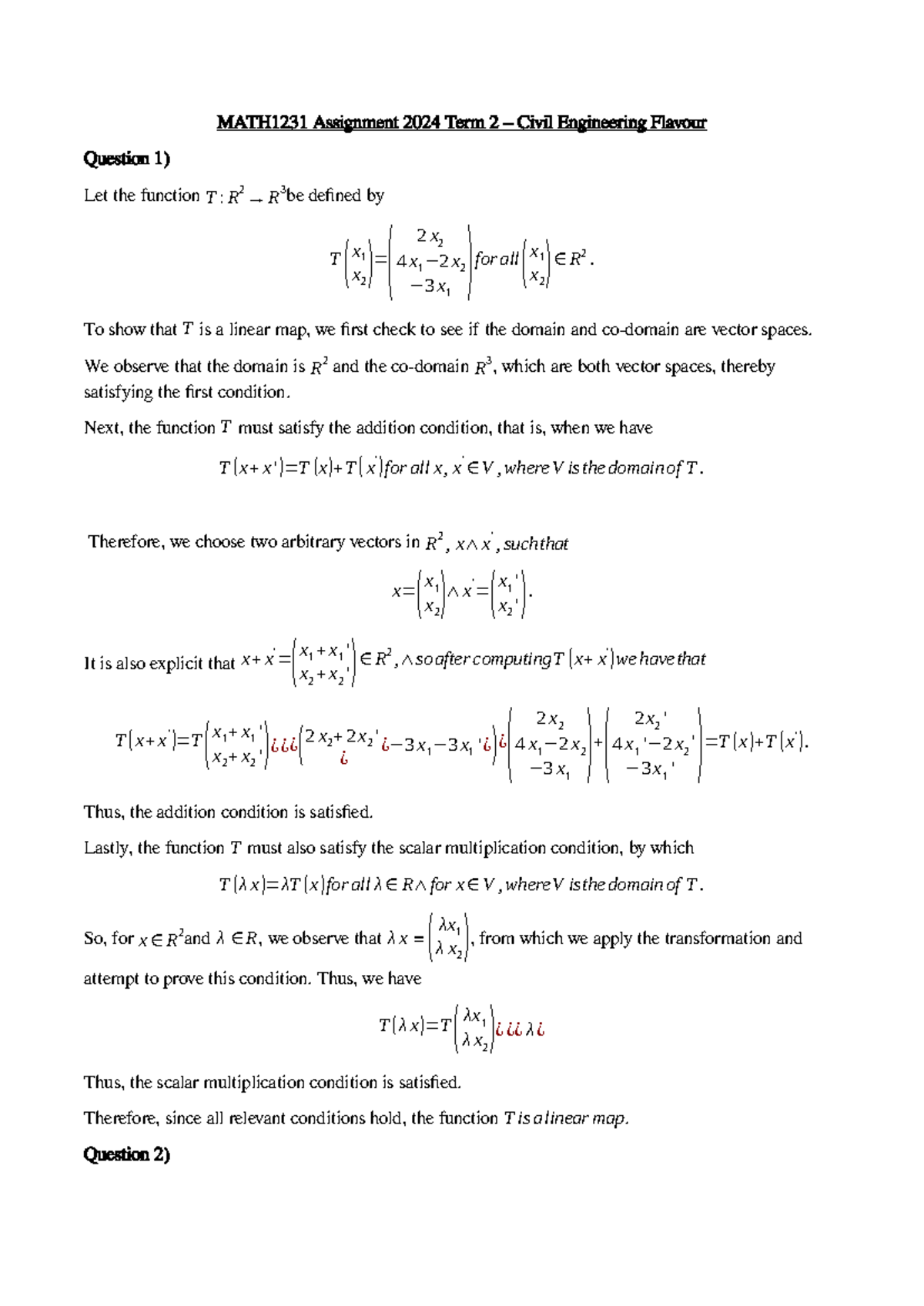 Emanuel Yako - MATH1231 Assignment - MATH1231 Assignment 2024 Term 2 – Civil Engineering Flavour ...