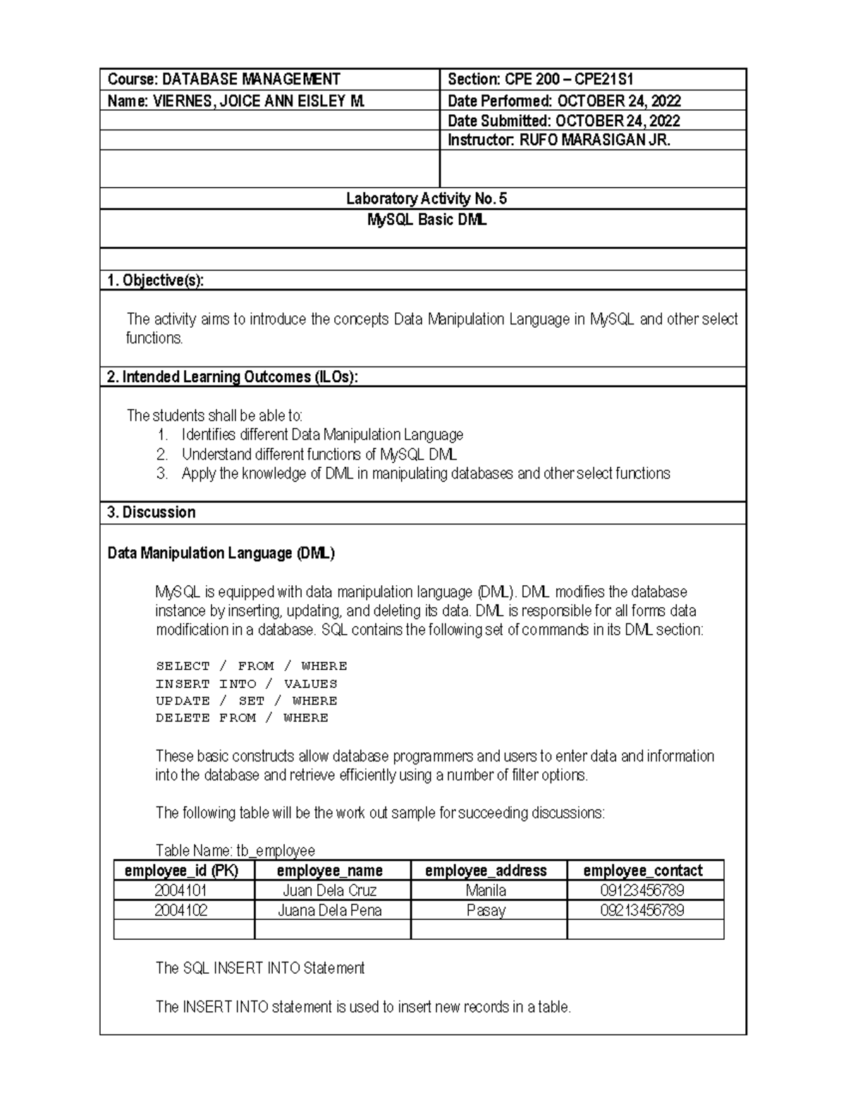 Laboratory Activity 5a - My SQL Basic DML - Course: DATABASE MANAGEMENT ...
