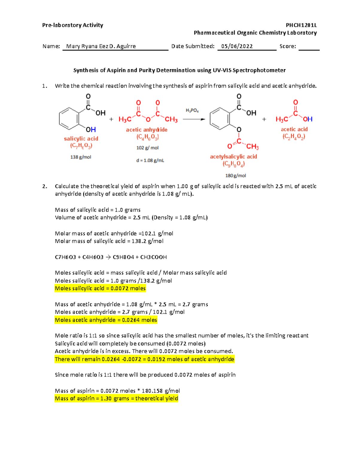GRP5 PHCH1201L Aguirre Pre-lab Expt 12-Synthesis of Aspirin and its ...