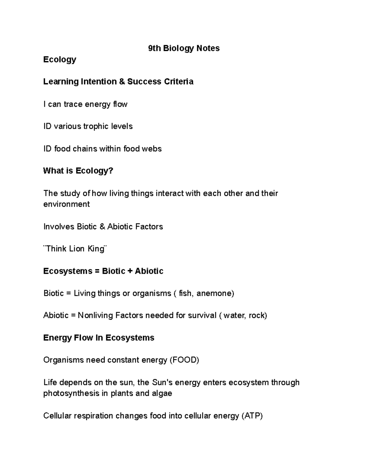 Biology Notes - 9th Biology Notes Ecology Learning Intention & Success ...