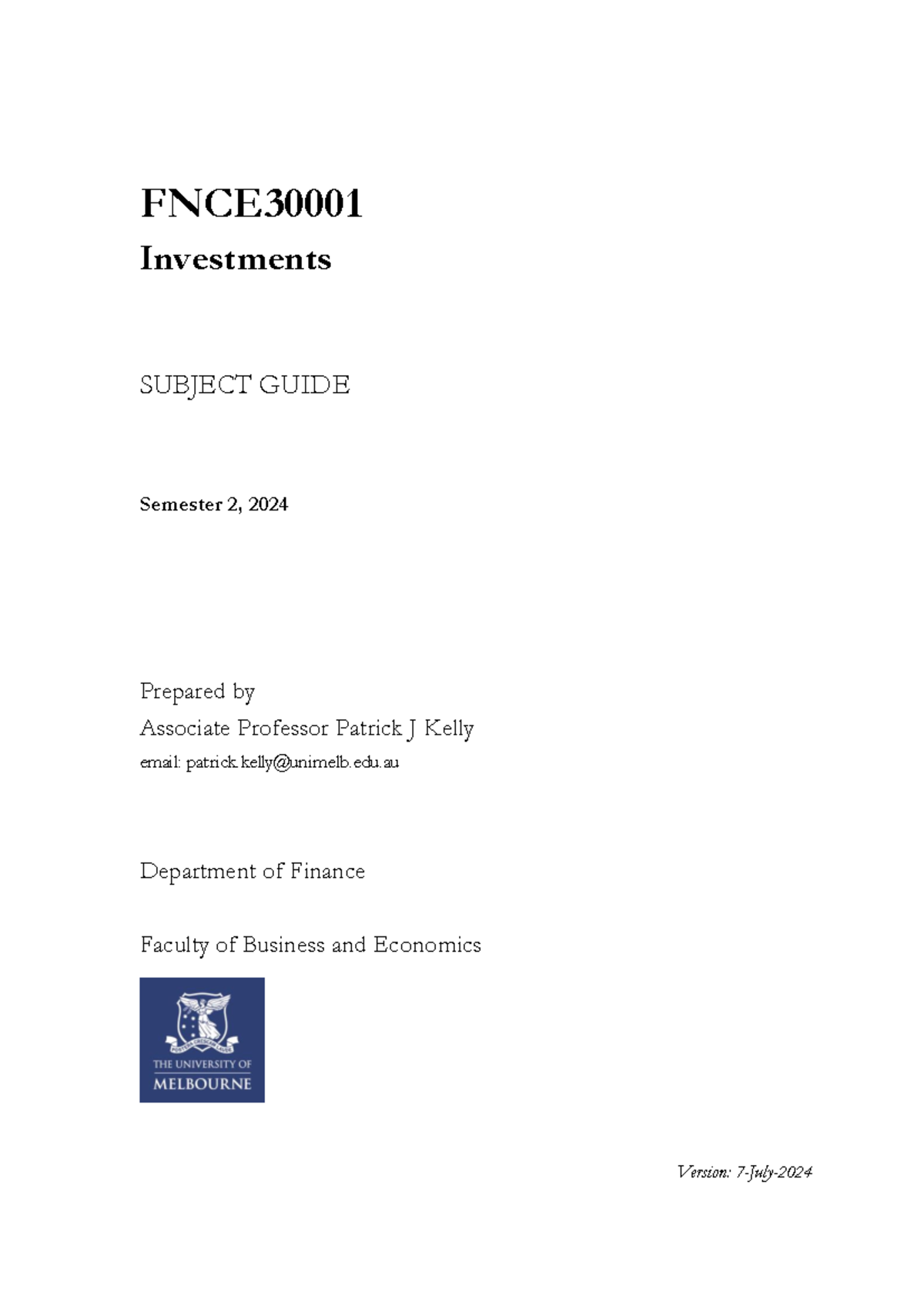 Investment Syllabus - Subject Guide - FNCE 30001 Investments SUBJECT ...