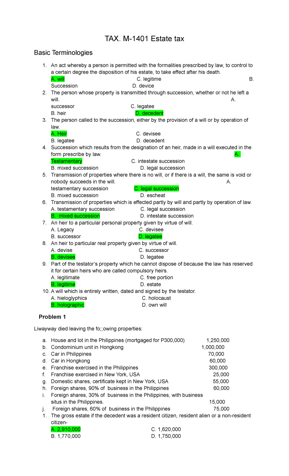 Estate Tax - Reviewer - TAX. M-1401 Estate tax Basic Terminologies An ...