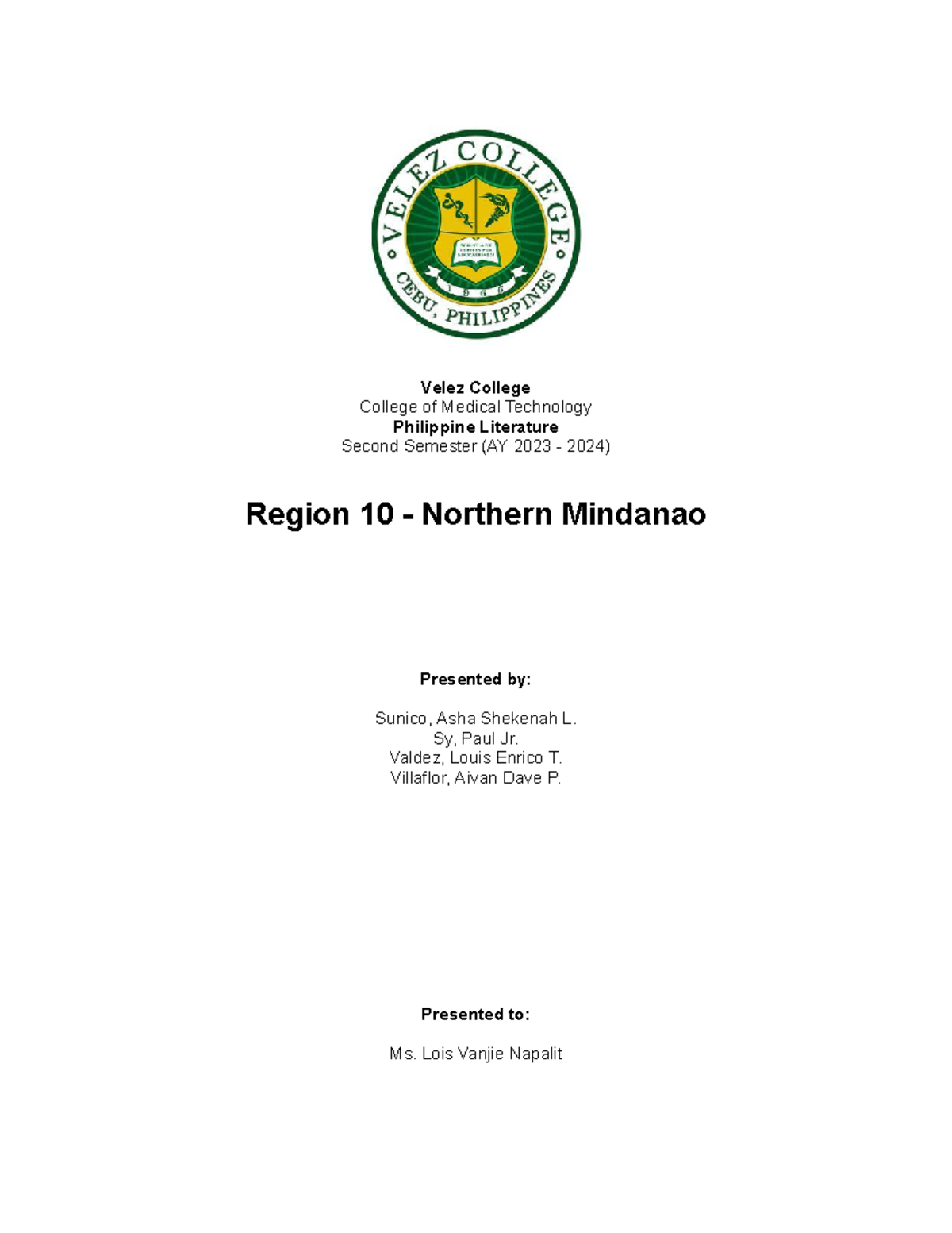 Region 10 - Northern Mindanao - Velez College College of Medical ...