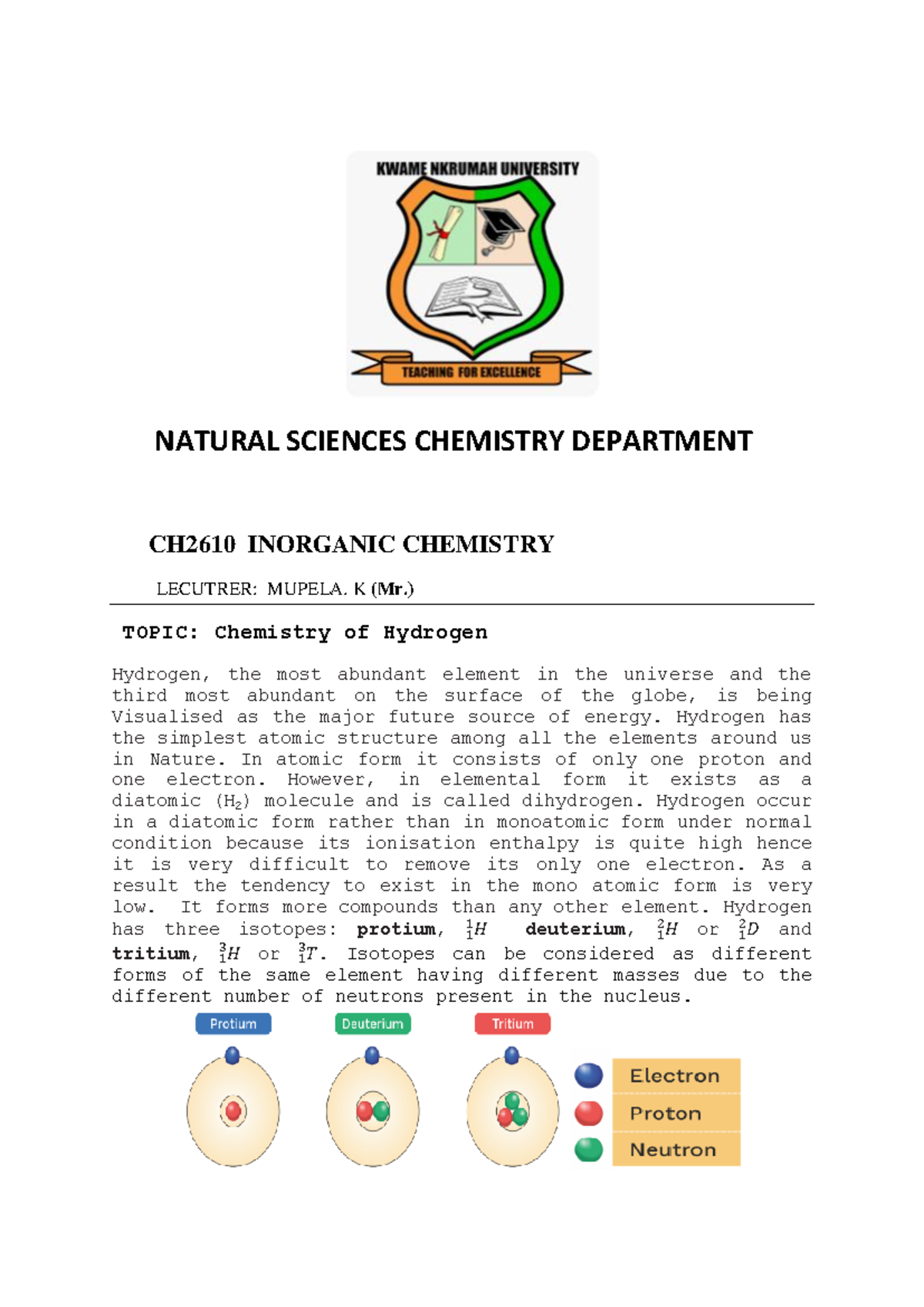 Chemistry of hydrogen notes-1 - NATURAL SCIENCES CHEMISTRY DEPARTMENT ...
