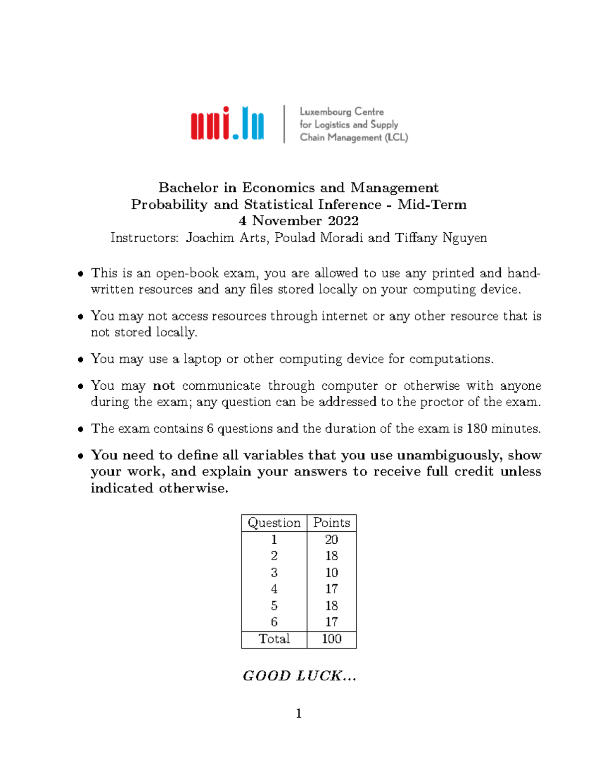 Prob Stat Mid Term 2023-1 - Bachelor in Economics and Management ...