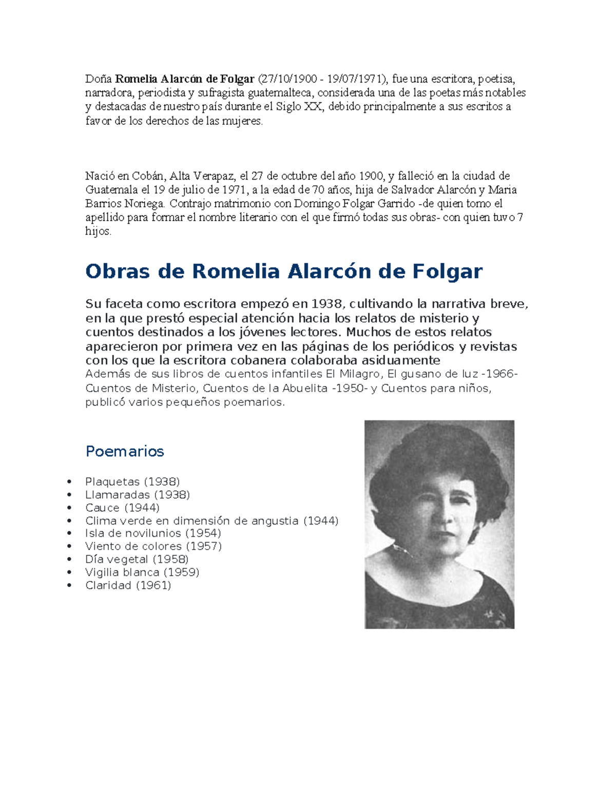 Literatura guatemlateca - Doña Romelia Alarcón de Folgar (27/10/1900 ...