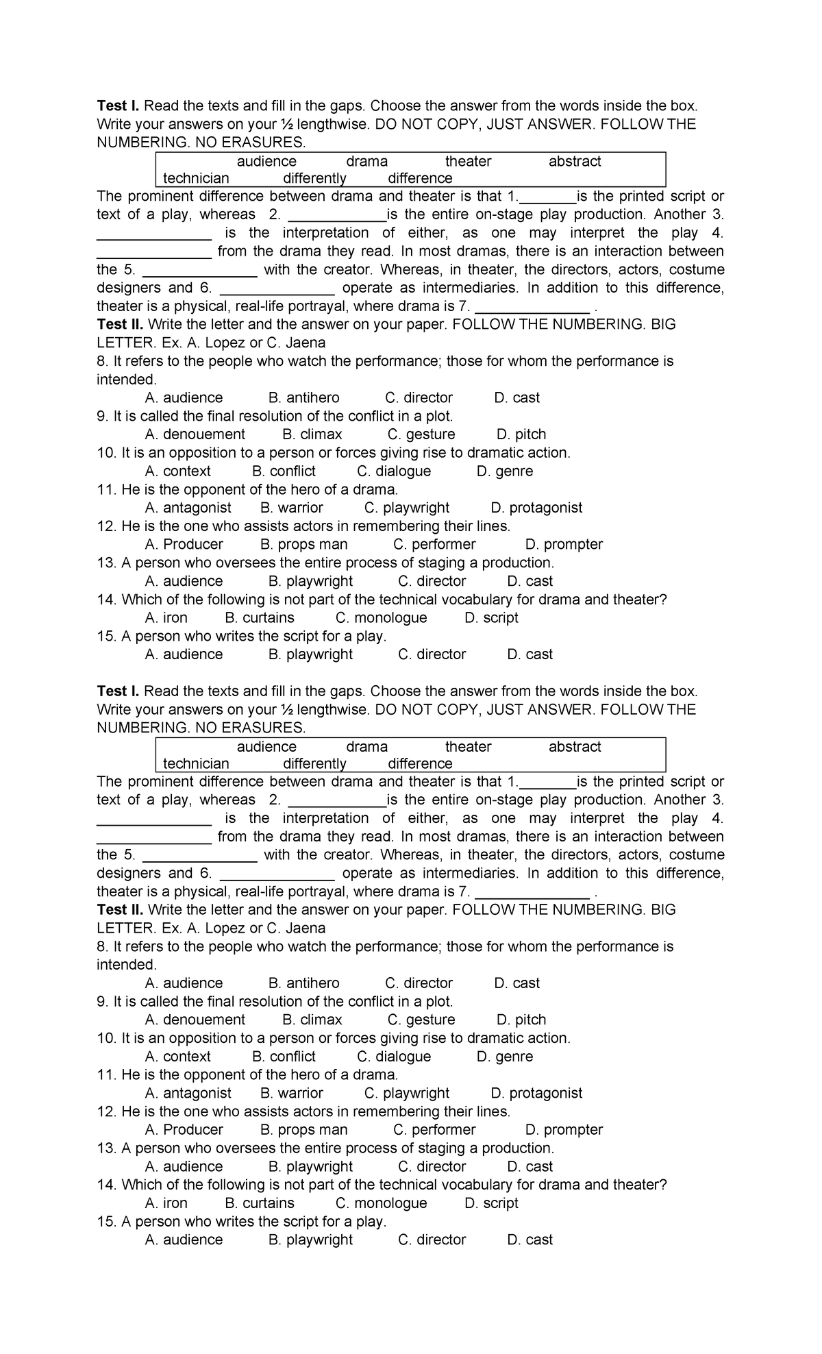 Theater EVA; - Test I. Read the texts and fill in the gaps. Choose the ...