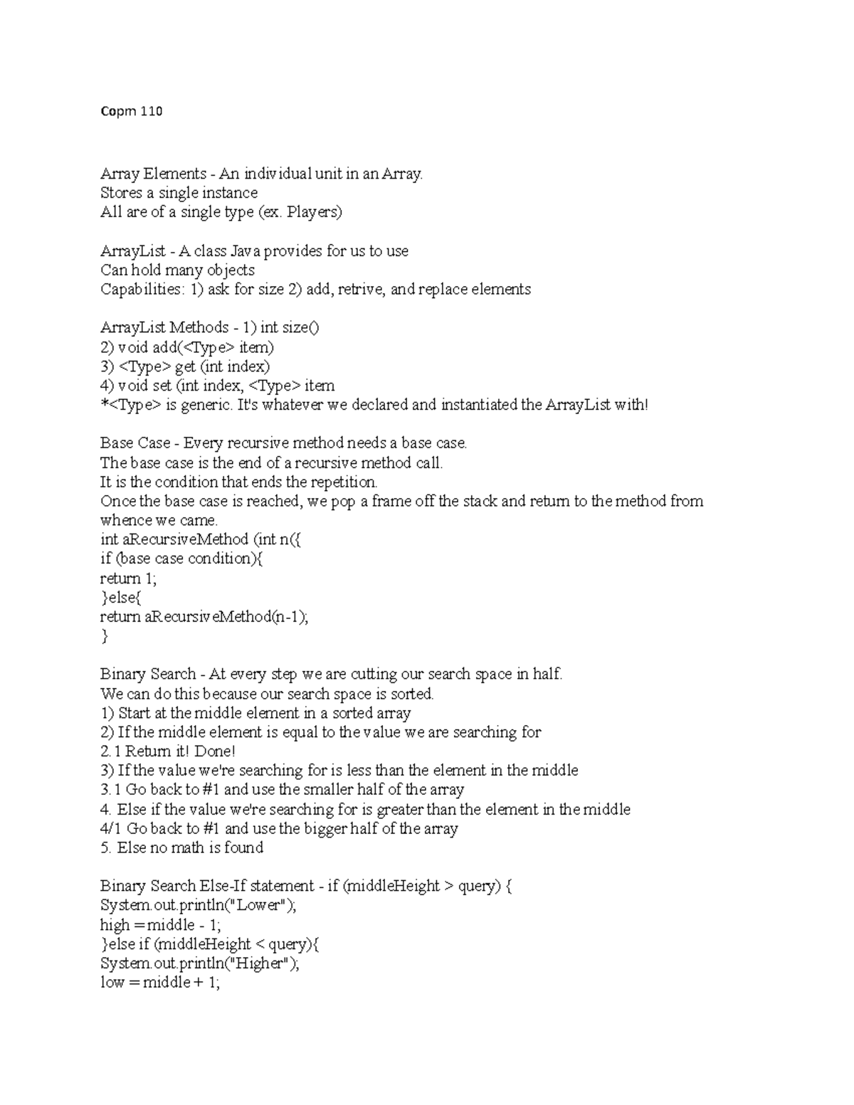Comp 110 - notes - Copm 110 Array Elements - An individual unit in an ...