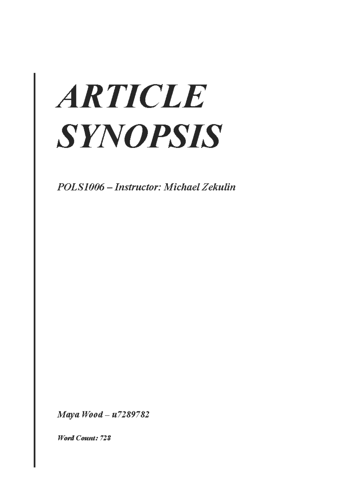 Article Synopsis Assignment - Maya Wood – u Word Count: 728 ARTICLE ...