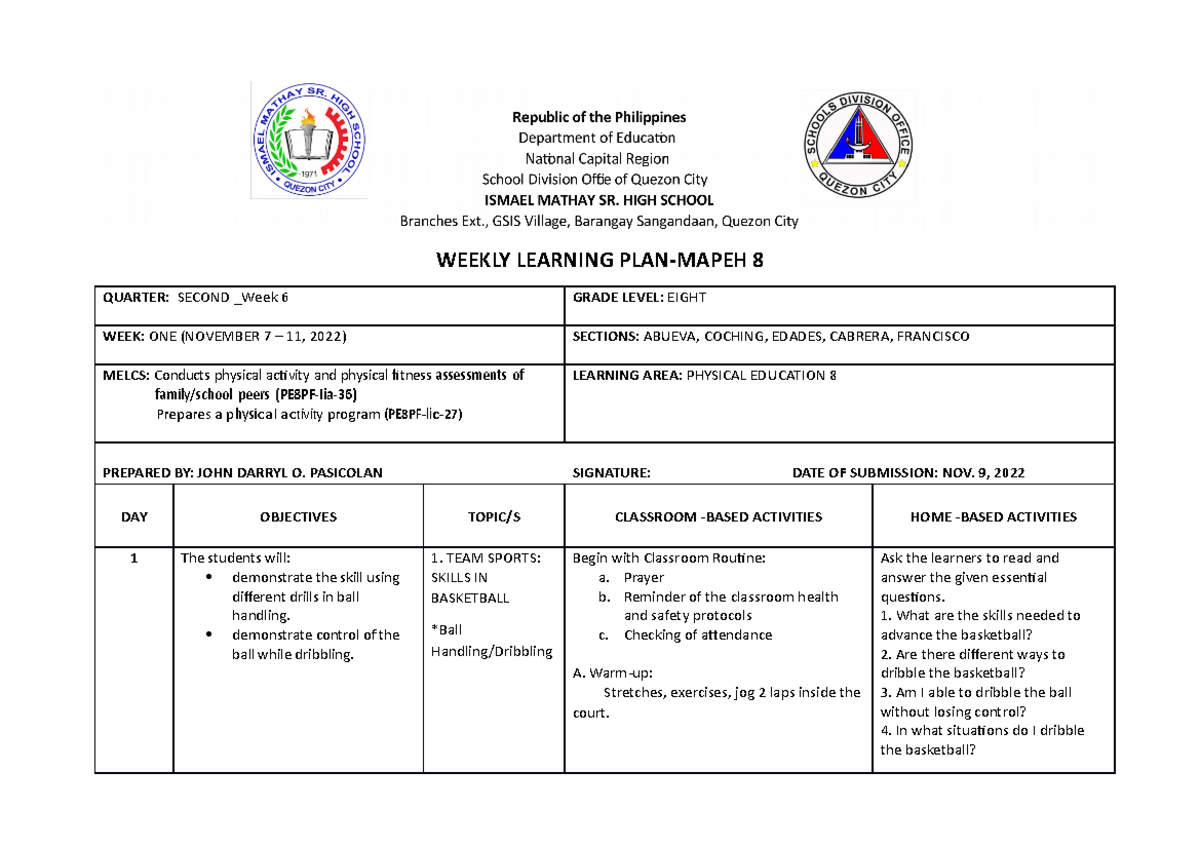 Mapeh WLP G8 Q2 W1 - nawekngaklw - WEEKLY LEARNING PLAN-MAPEH 8 QUARTER: SECOND _Week 6 GRADE ...