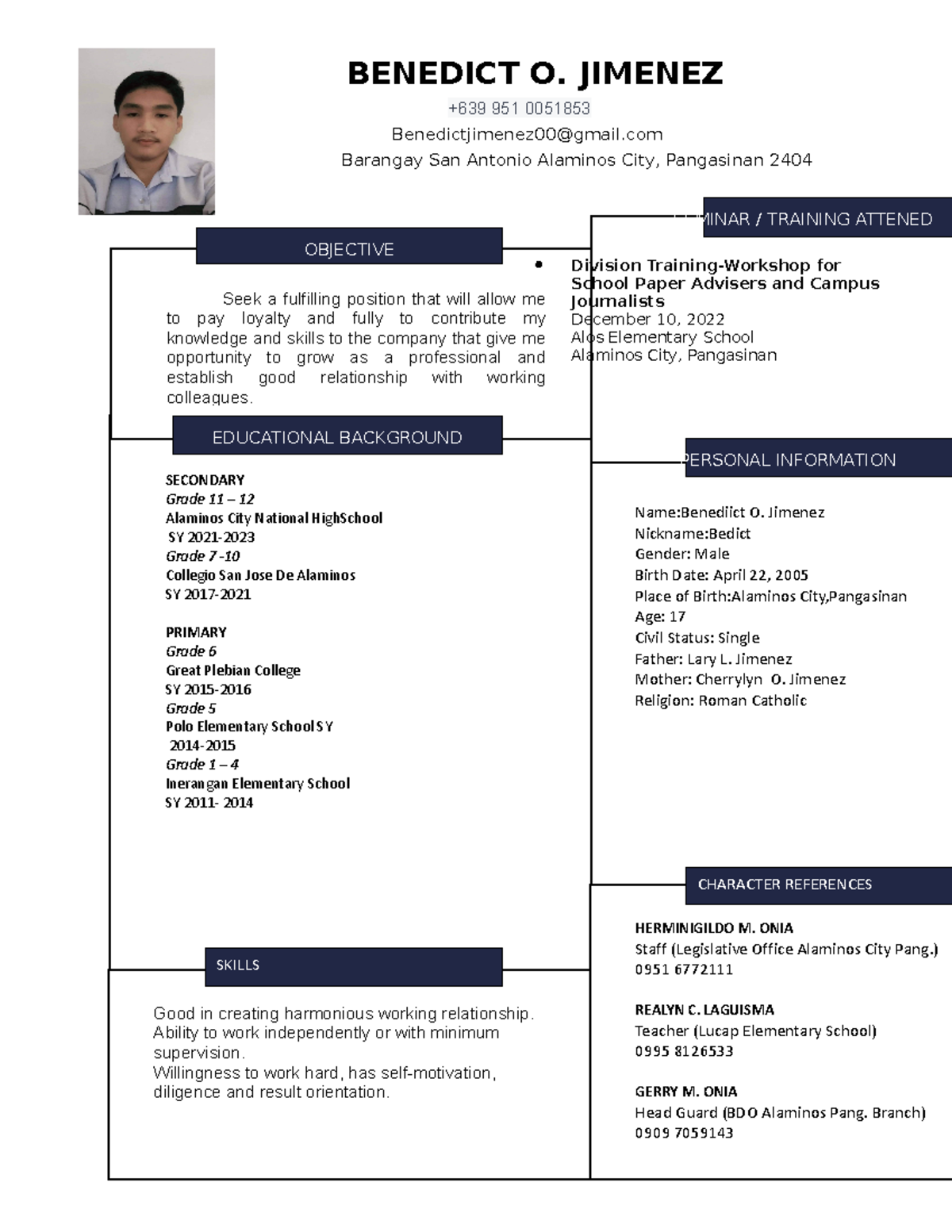 Final Resume - LECTURE - BENEDICT O. JIMENEZ +639 951 0051853 Benedictjimenez00@gmail Barangay ...