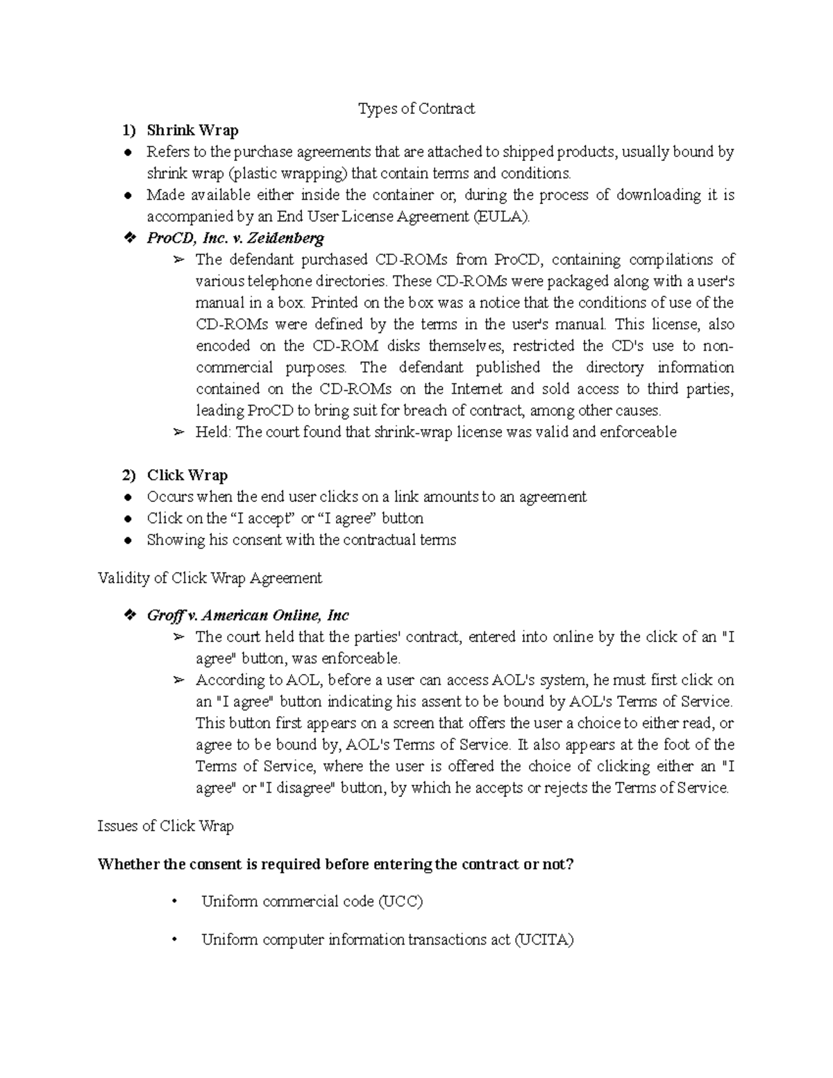 Signature - Lecture notes 1-10 - Types of Contract 1) Shrink Wrap ...