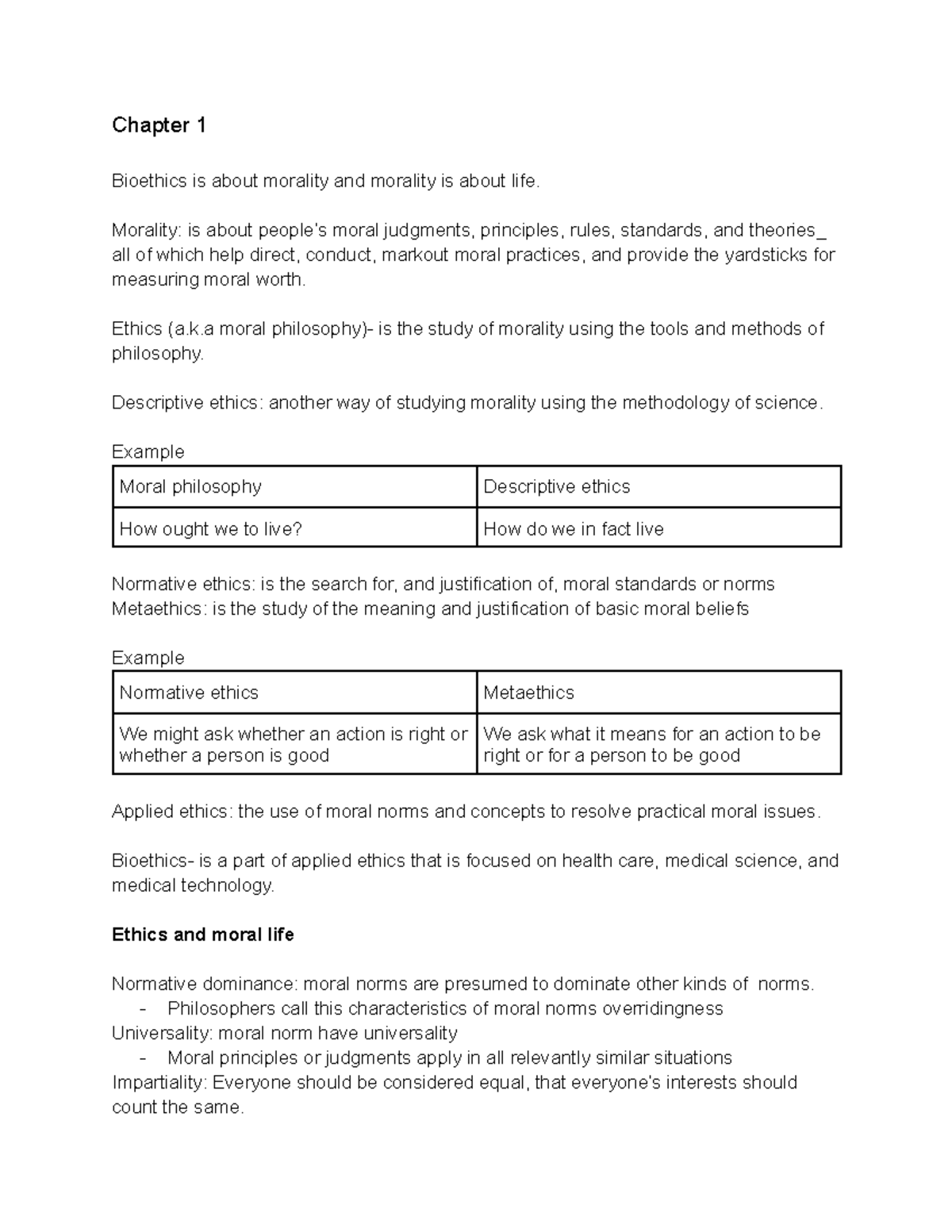 PHI2396 - Reading summary - Chapter 1 Bioethics is about morality and ...