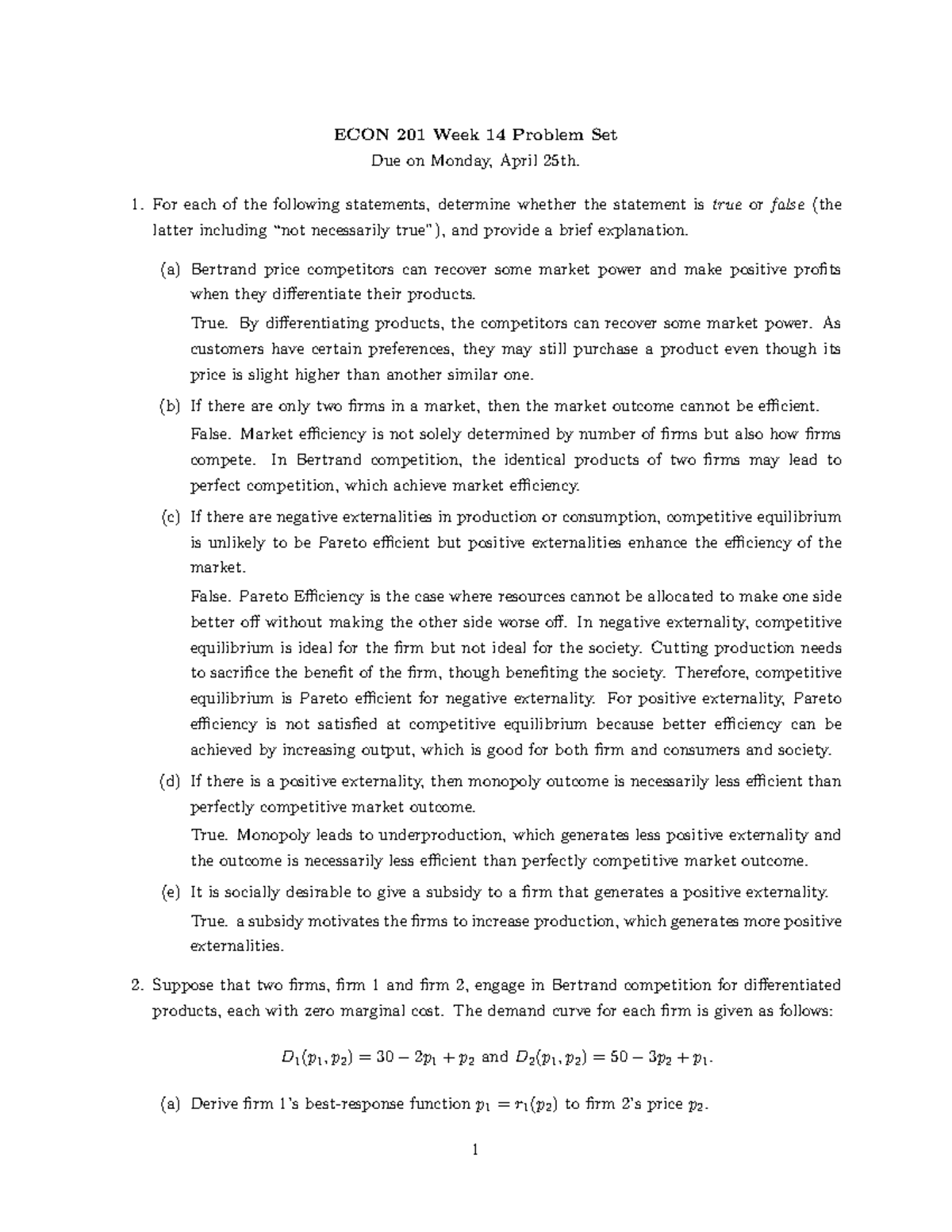 Econ 201 Week14 Homework Assignment Externalities Econ 201 Week 14 Problem Set Due On