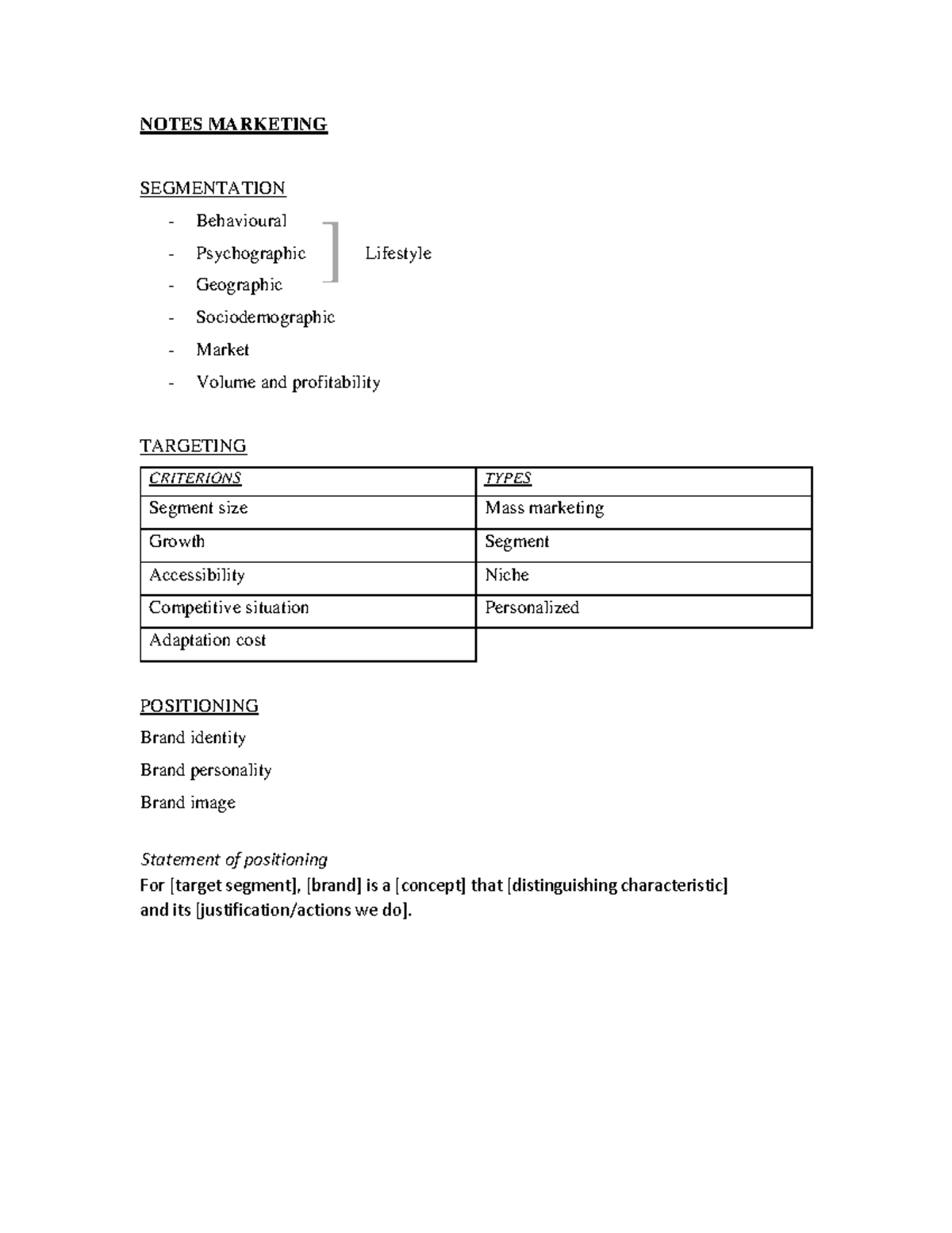 Notes- Finales-marketing - NOTES MARKETING SEGMENTATION Behavioural ...