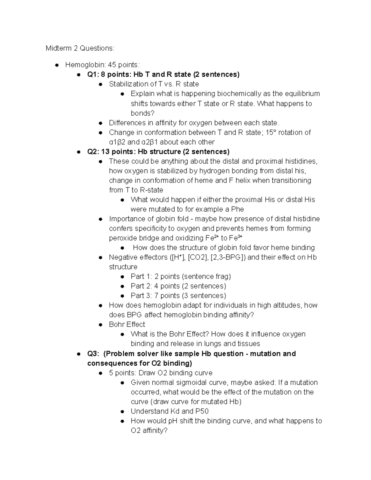 Biochem Exam 2 Study Guide - Midterm 2 Questions: Hemoglobin: 45 points ...
