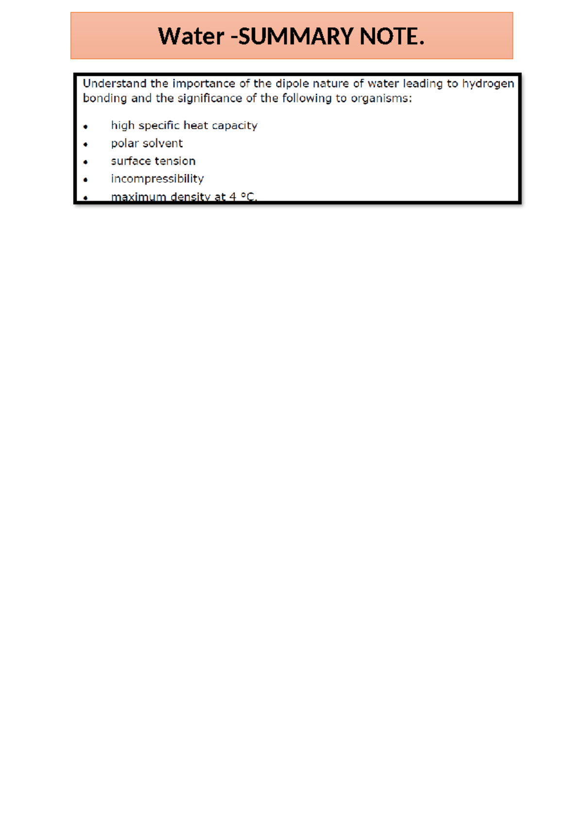 Water summary - Water NOTE. Understand the importance of the dipole ...