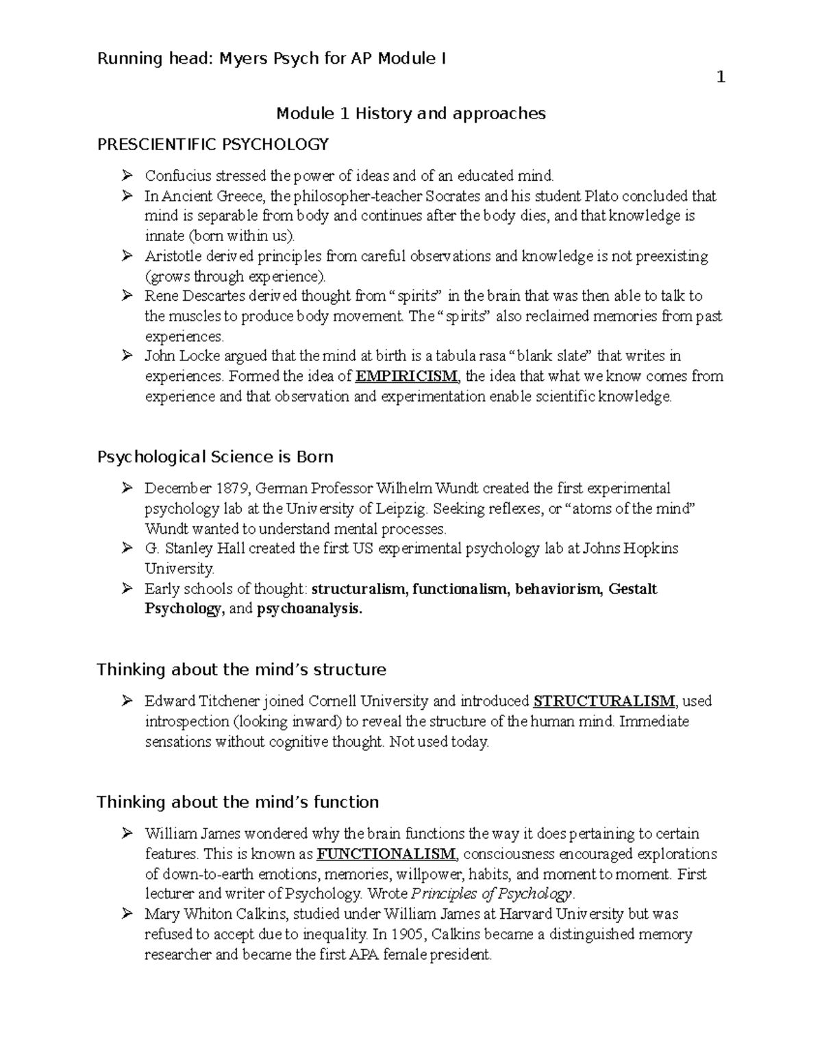 Module 1 history and approaches - Running head: Myers Psych for AP ...