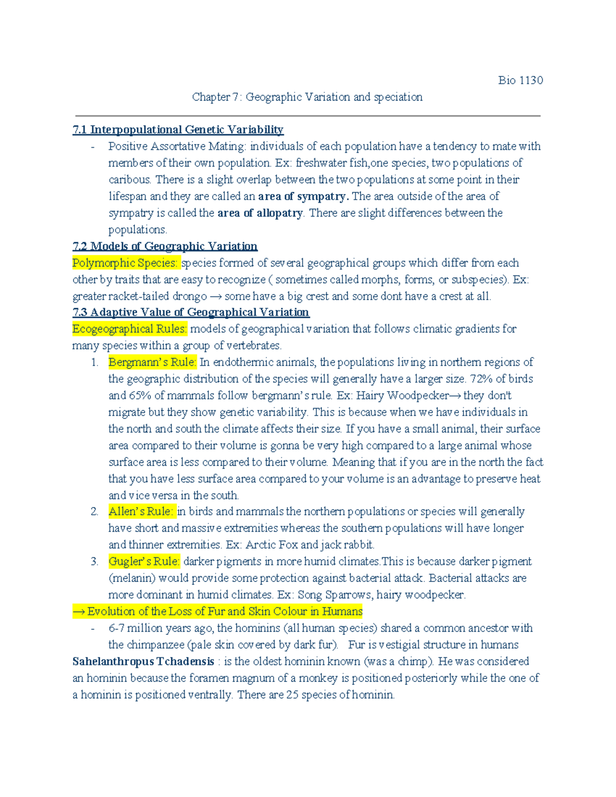 Bio 1130- Chapter 7 Final - Bio 1130 Chapter 7: Geographic Variation ...