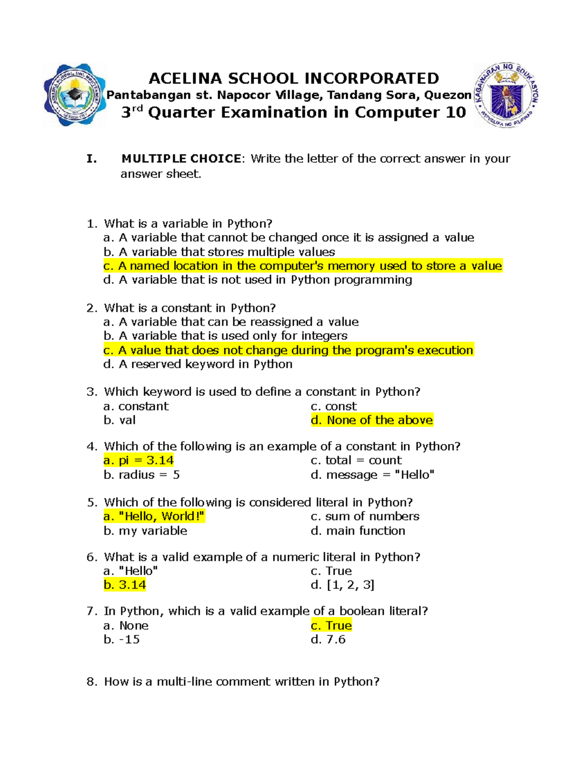 Programming ICT - ACELINA SCHOOL INCORPORATED 23 Pantabangan st ...