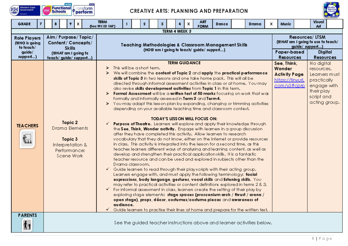 Lesson Plan Gr.9 Creative Arts Drama T4 W3 - CREATIVE ARTS: PLANNING ...