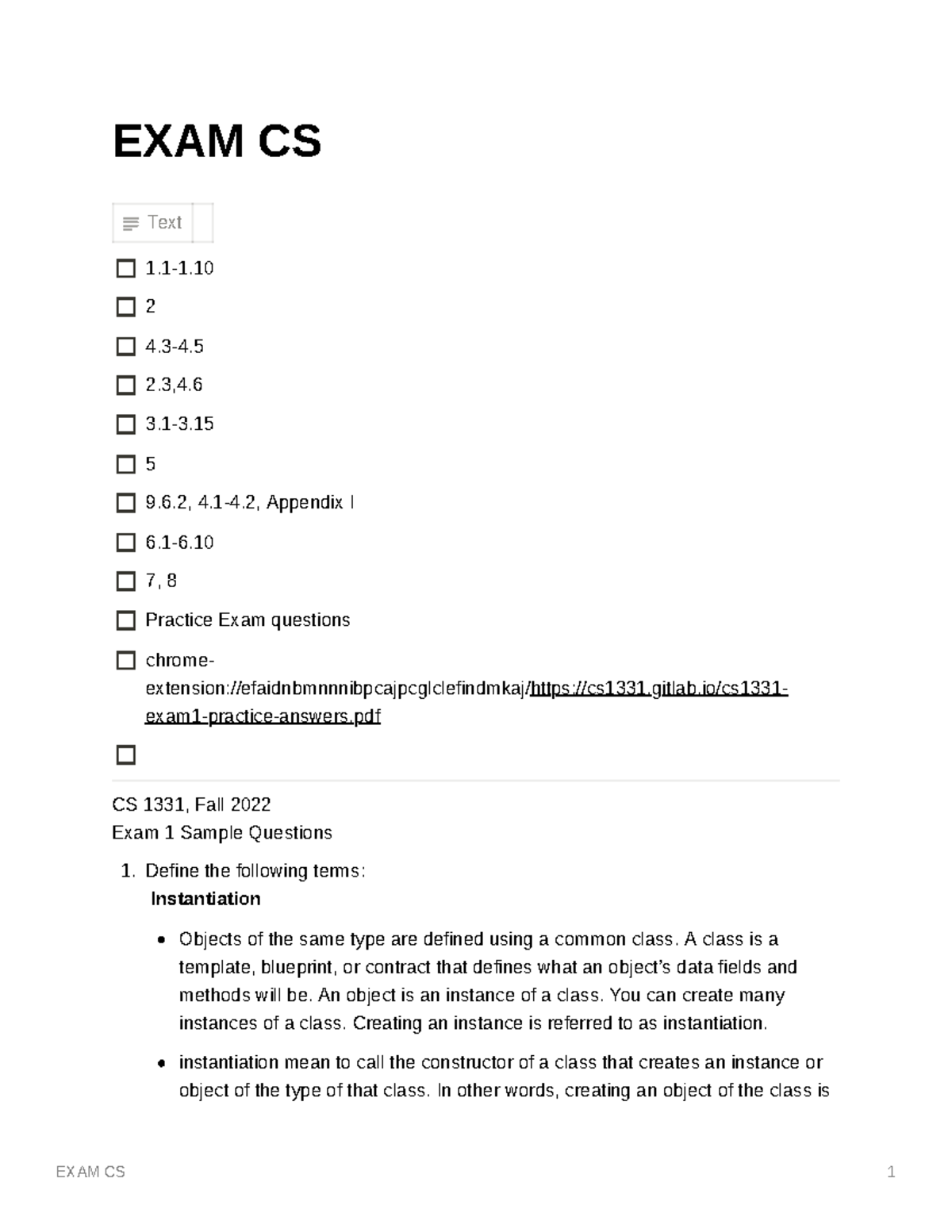 EXAM CS - CS exam 1 notes - EXAM CS Text 1-1. 2 4-4. 2,4. 3-3. 5 9.6, 4 ...