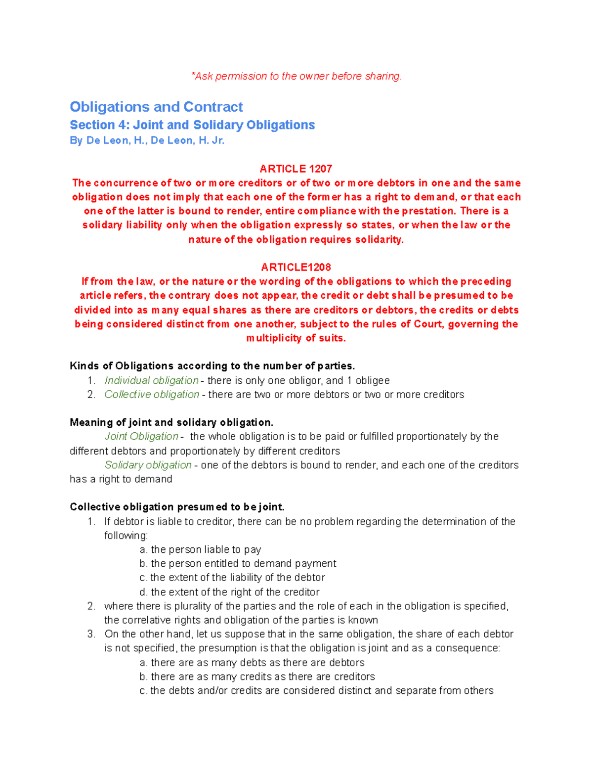 Obli Con (1207 - 1230) - Summary The Law on Obligations and Contracts - *Ask permission to the ...