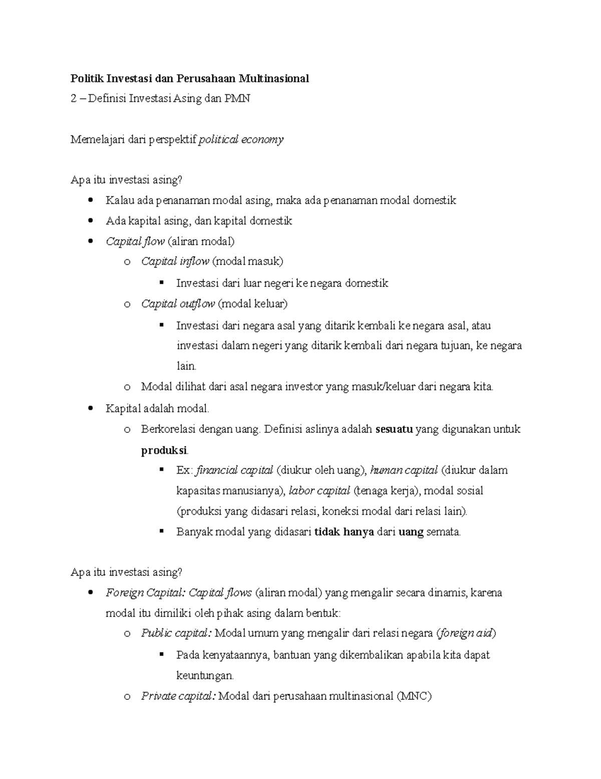 1 – Definisi Investasi Asing dan PMN - o Modal dilihat dari asal negara ...